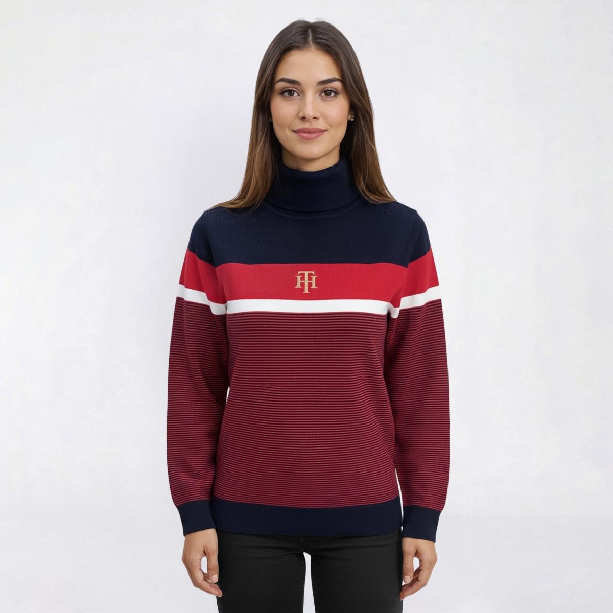 Tommy Hilfiger Womens Cotton Striped Turtleneck Sweater - Ivory Multi